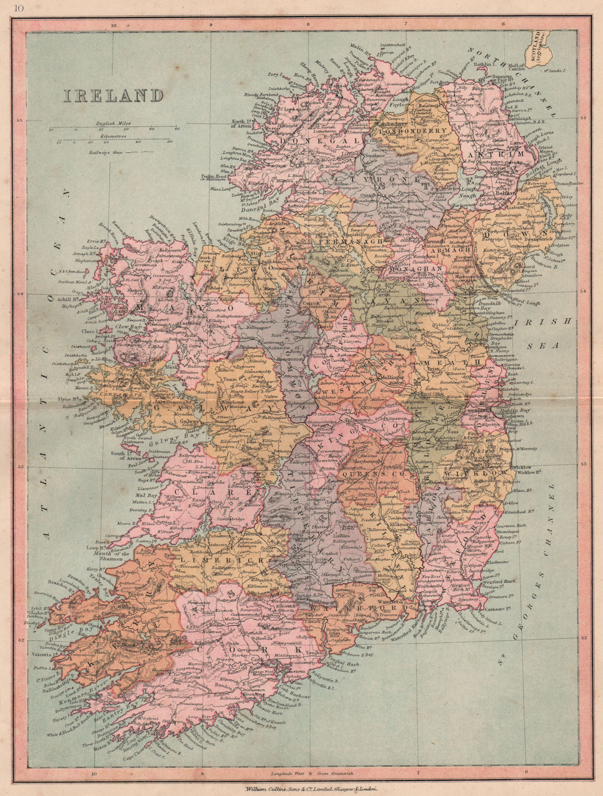 IRELAND. Showing counties & railways. COLLINS 1880 old antique map plan ...