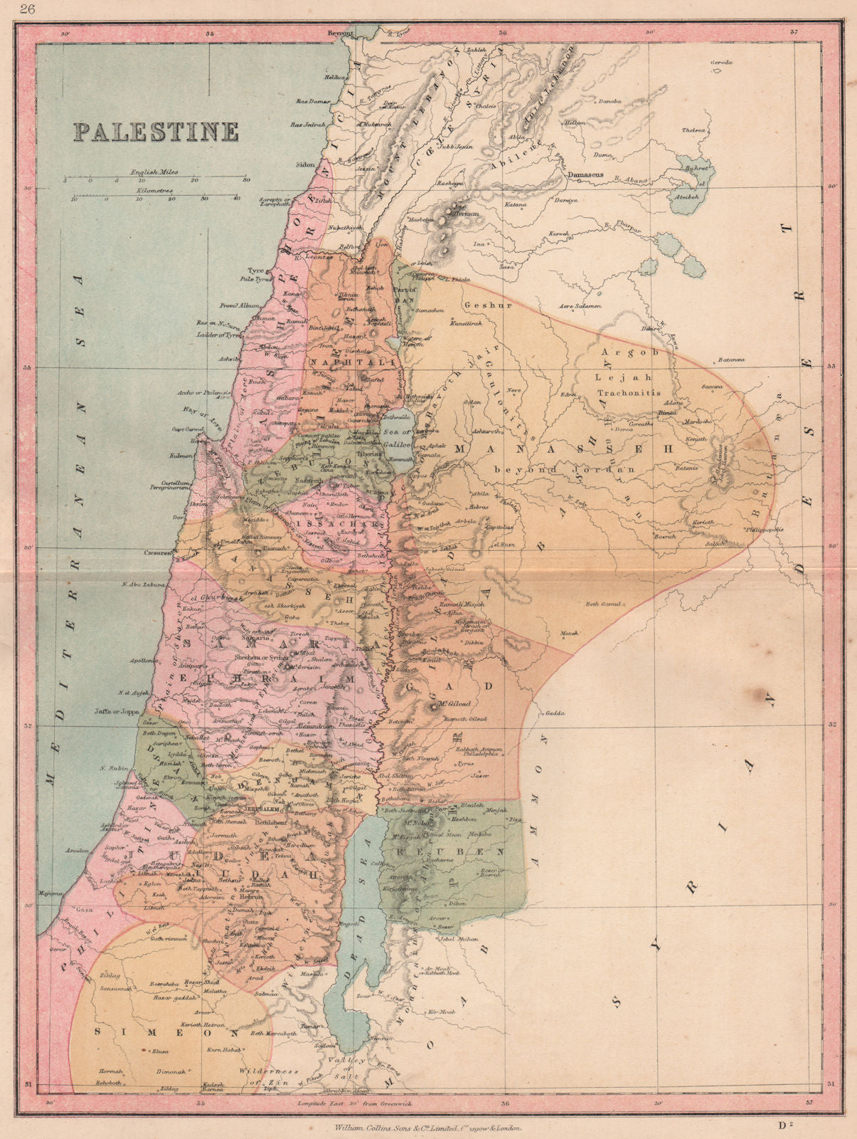 PALESTINE. Showing the 12 tribes of Israel. COLLINS 1880 old antique ...