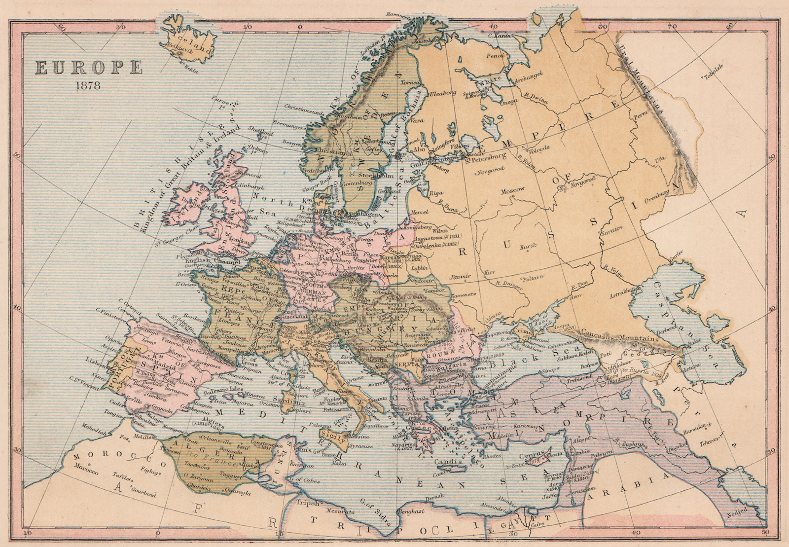 EUROPE 1878. Showing 19C key battles/dates. COLLINS 1880 old antique ...