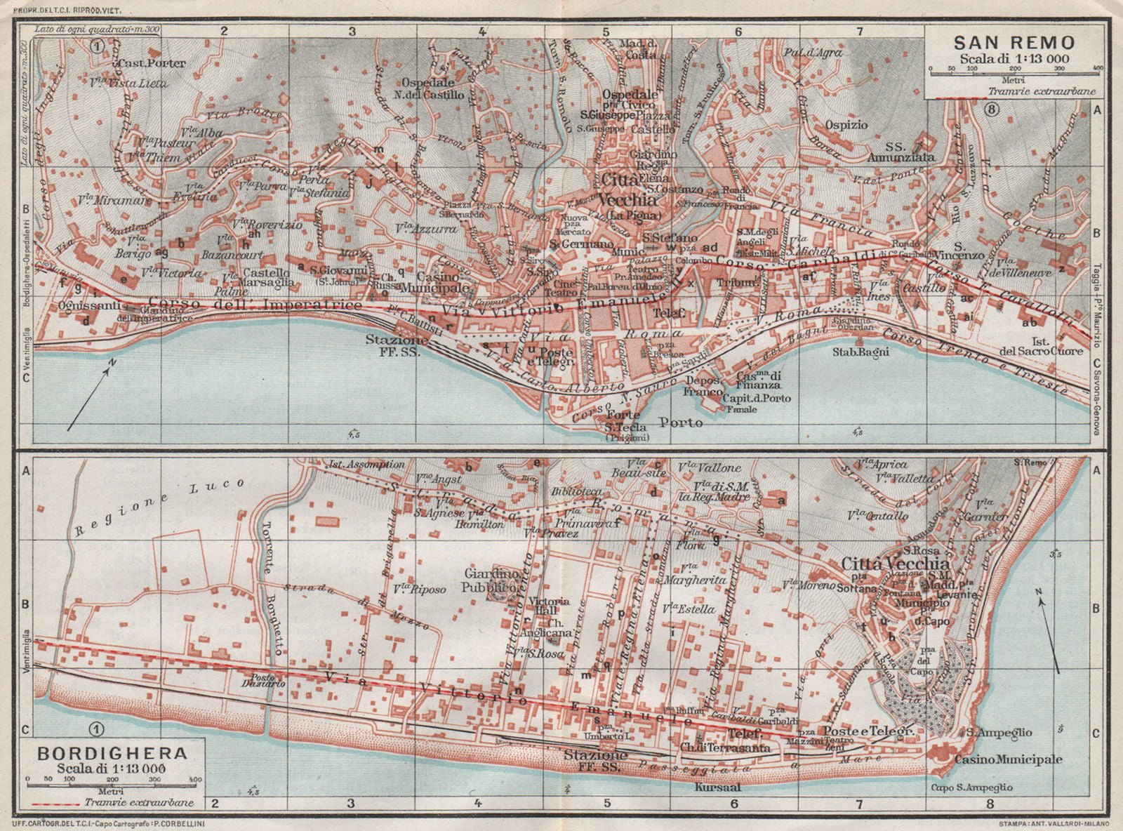 SAN REMO & BORDIGHERA. Vintage town city map plans. Italy 1924 old ...