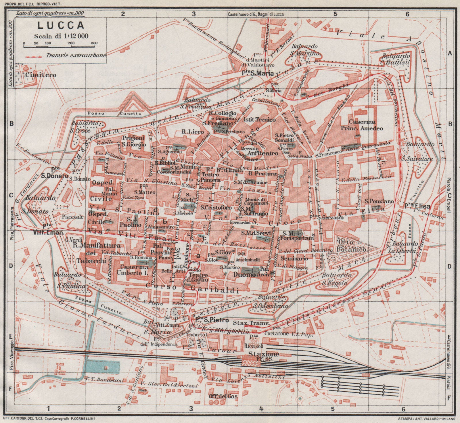LUCCA. Vintage town city map plan. Italy 1924 old antique chart ...