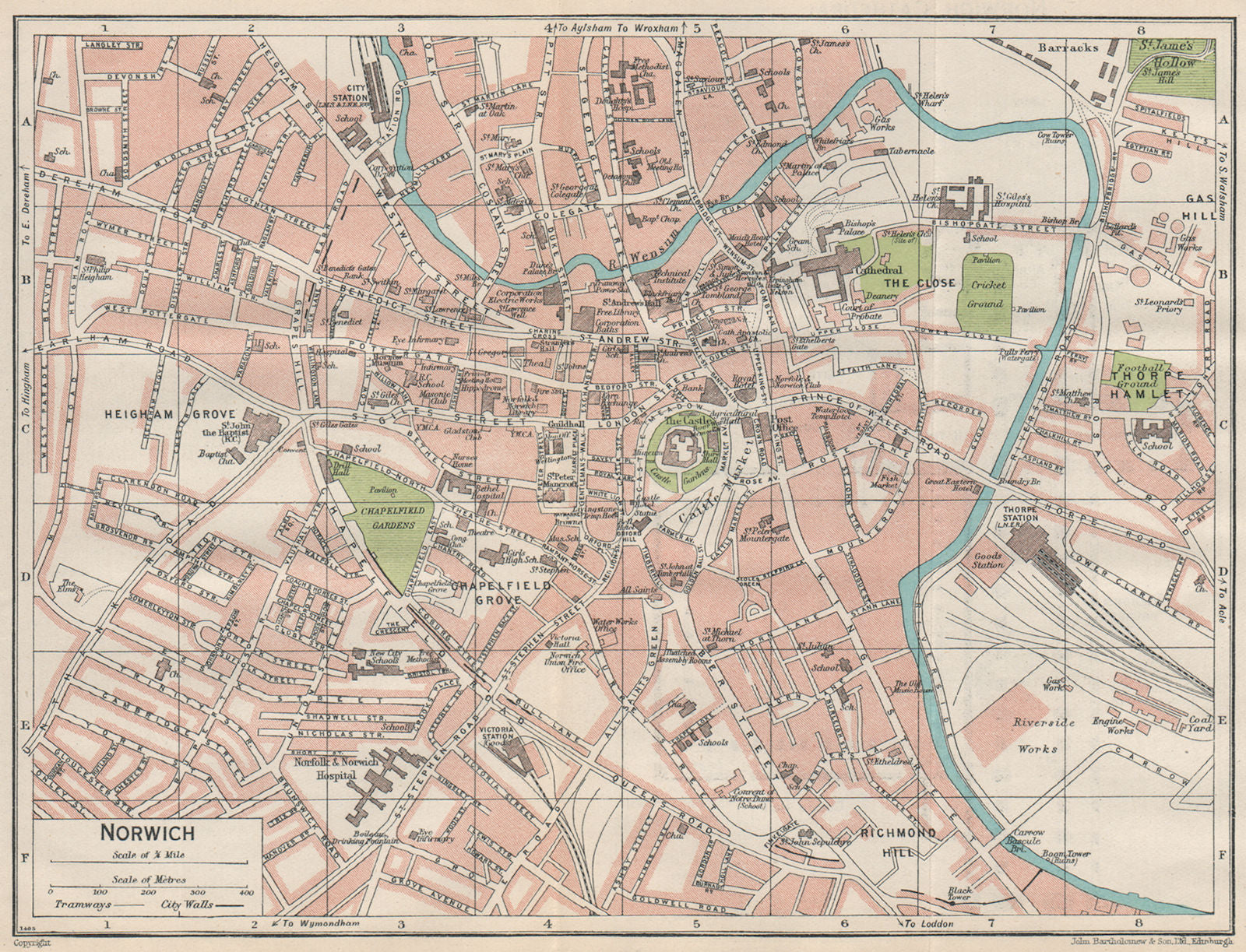 NORWICH. Vintage town city map plan. Norfolk 1930 old vintage chart ...