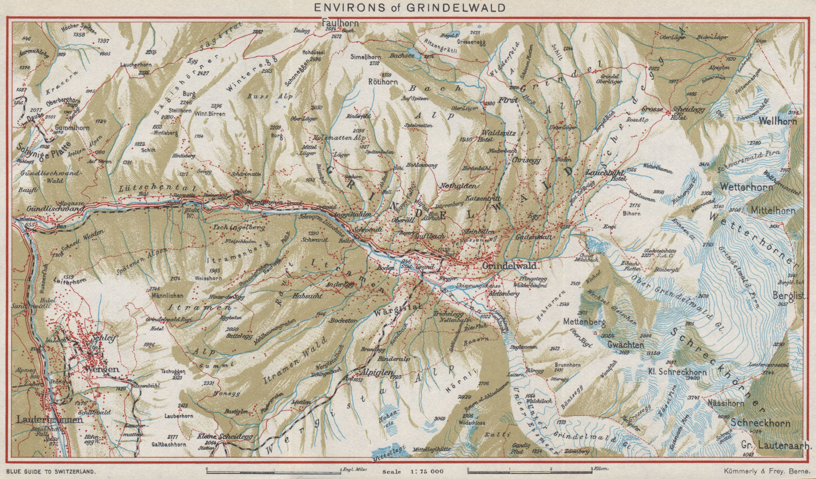GRINDELWALD ENVIRONS. Wengen Faulhorn Lauterbrunnen. Vintage map plan ...