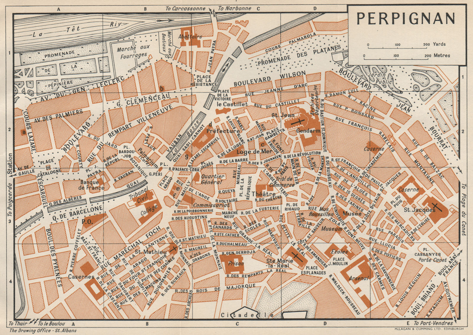 PERPIGNAN. Vintage town city map plan. Pyrénées-Orientales 1954 old ...