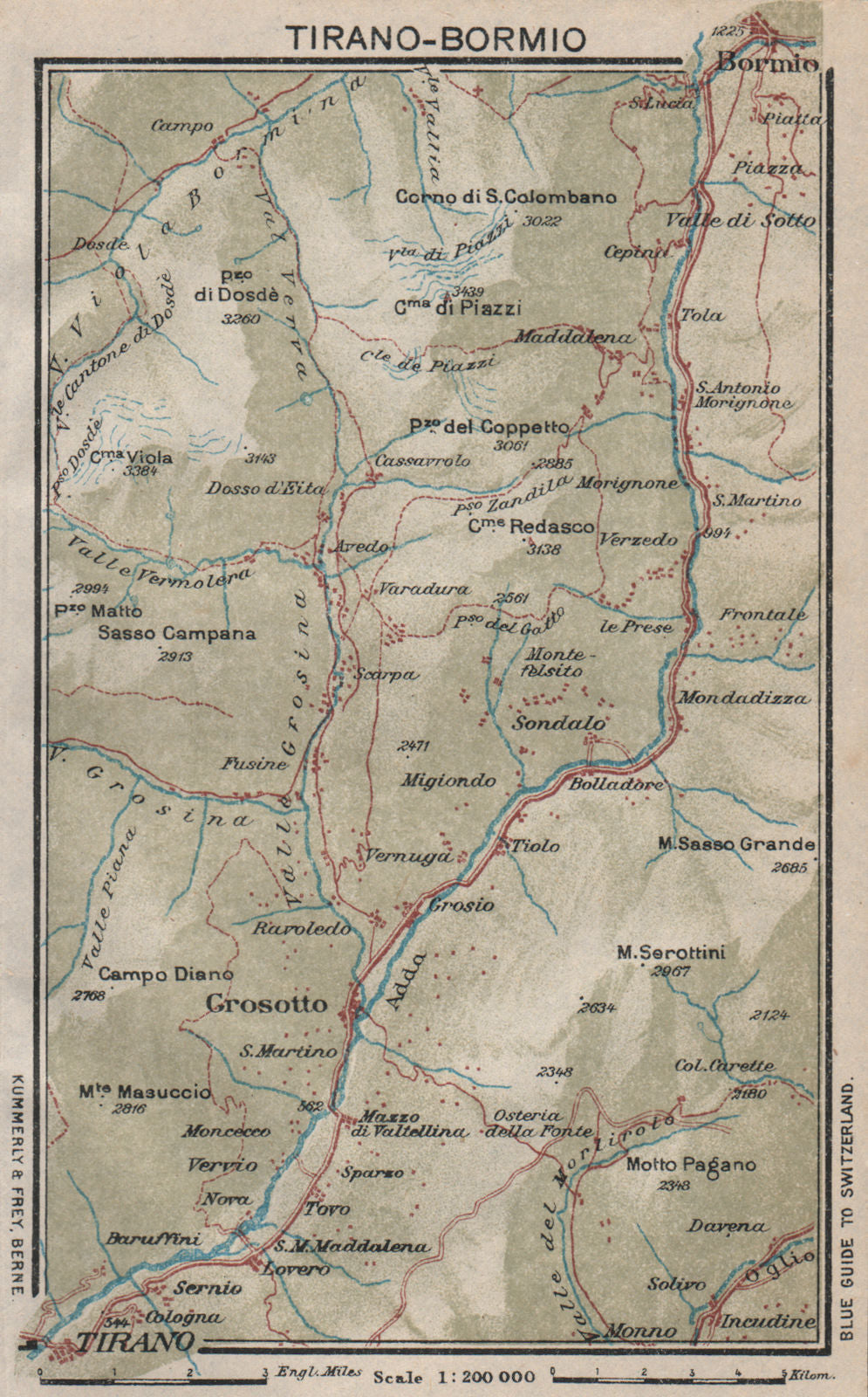 FIUME ADDA. Tirano Bormio Grosotto. Via Stelvio. Vintage map plan ...