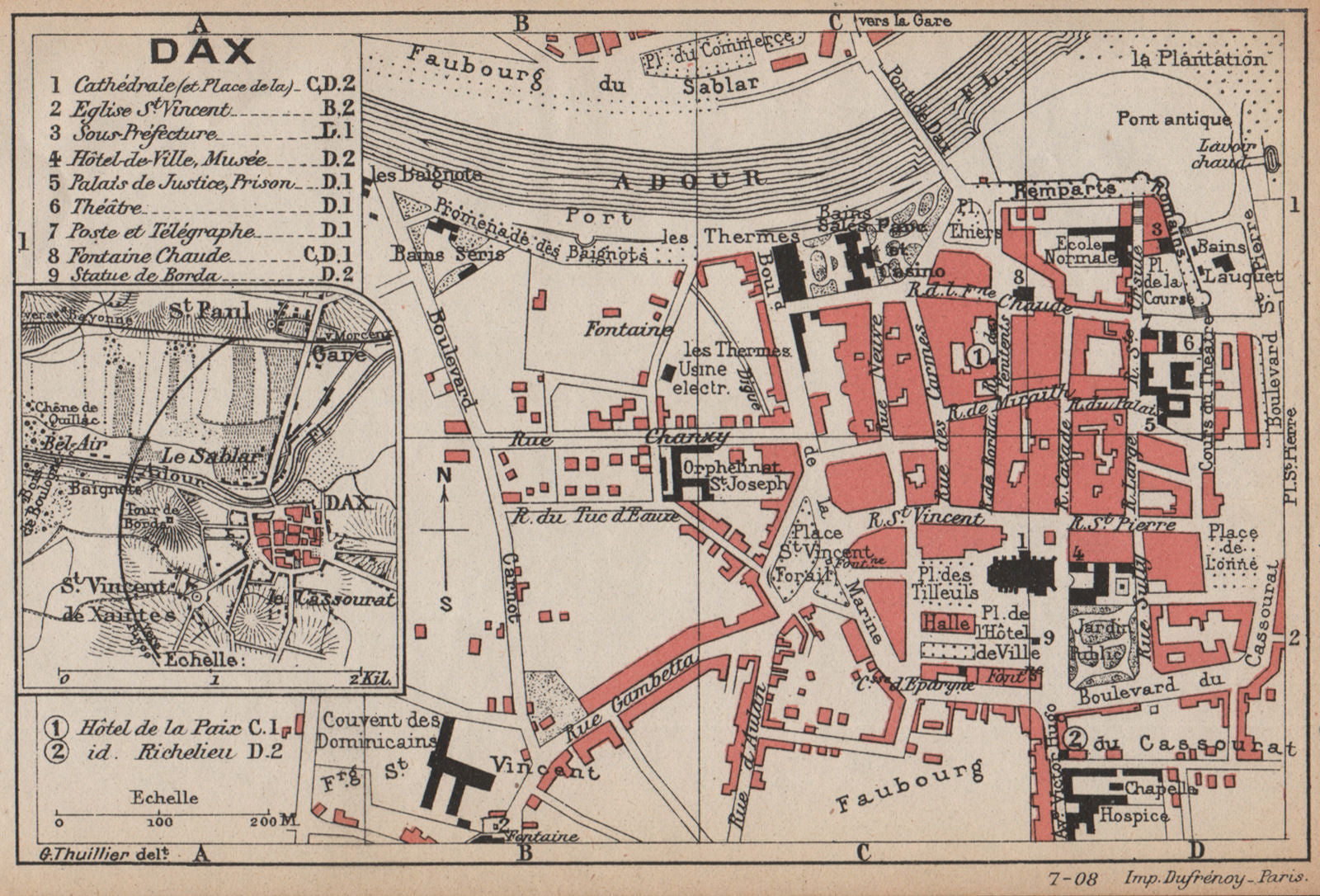 DAX. Vintage town city map plan. Landes 1907 old antique chart ...