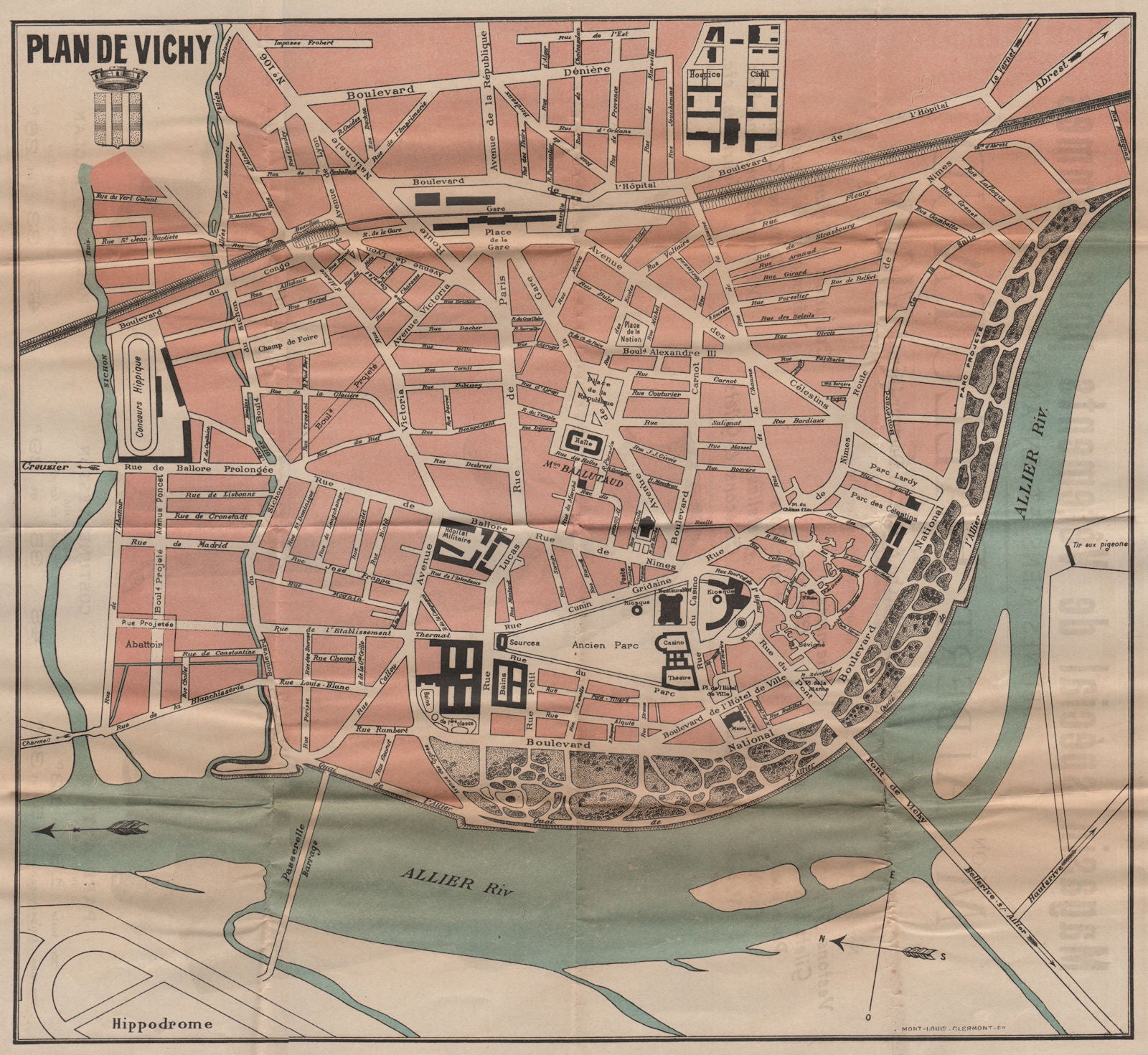 VICHY. Vintage town city map plan. Allier. Auvergne 1909 old antique ...