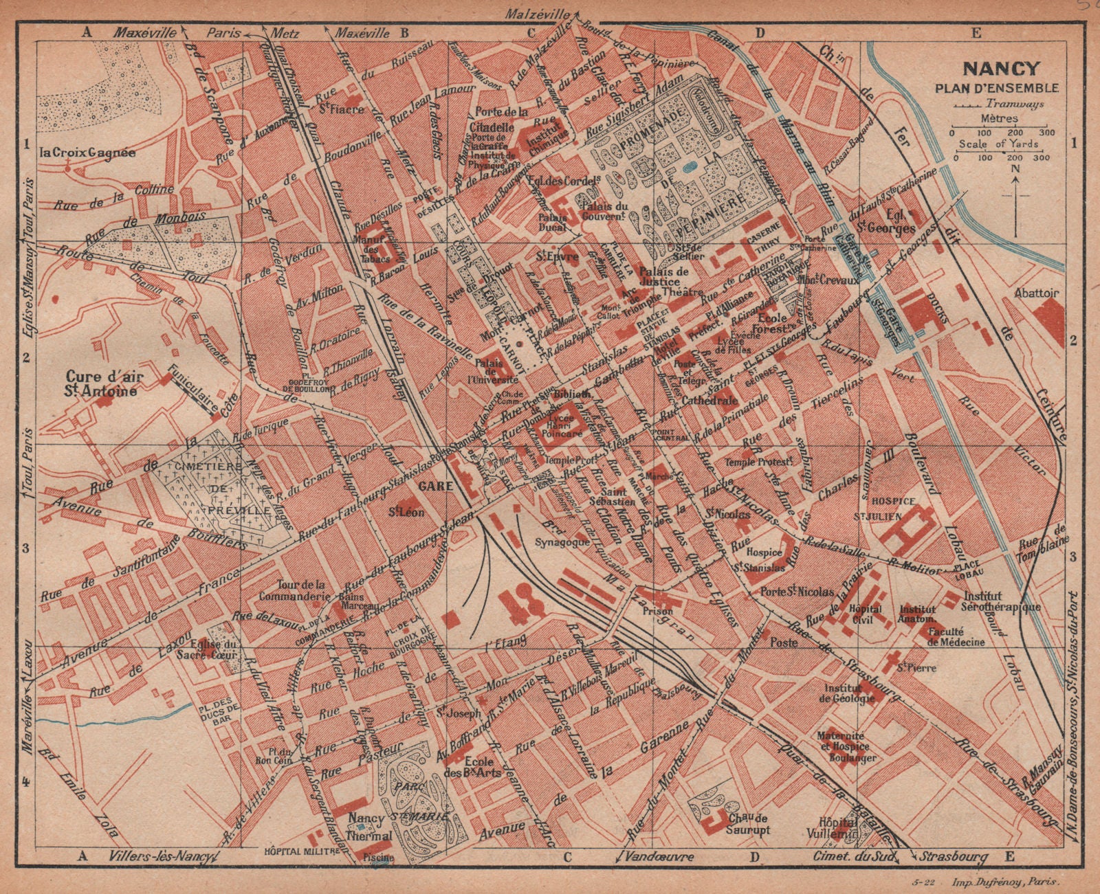 NANCY. Plan carte d'ensemble.Vintage town city ville map.Meurthe-et ...