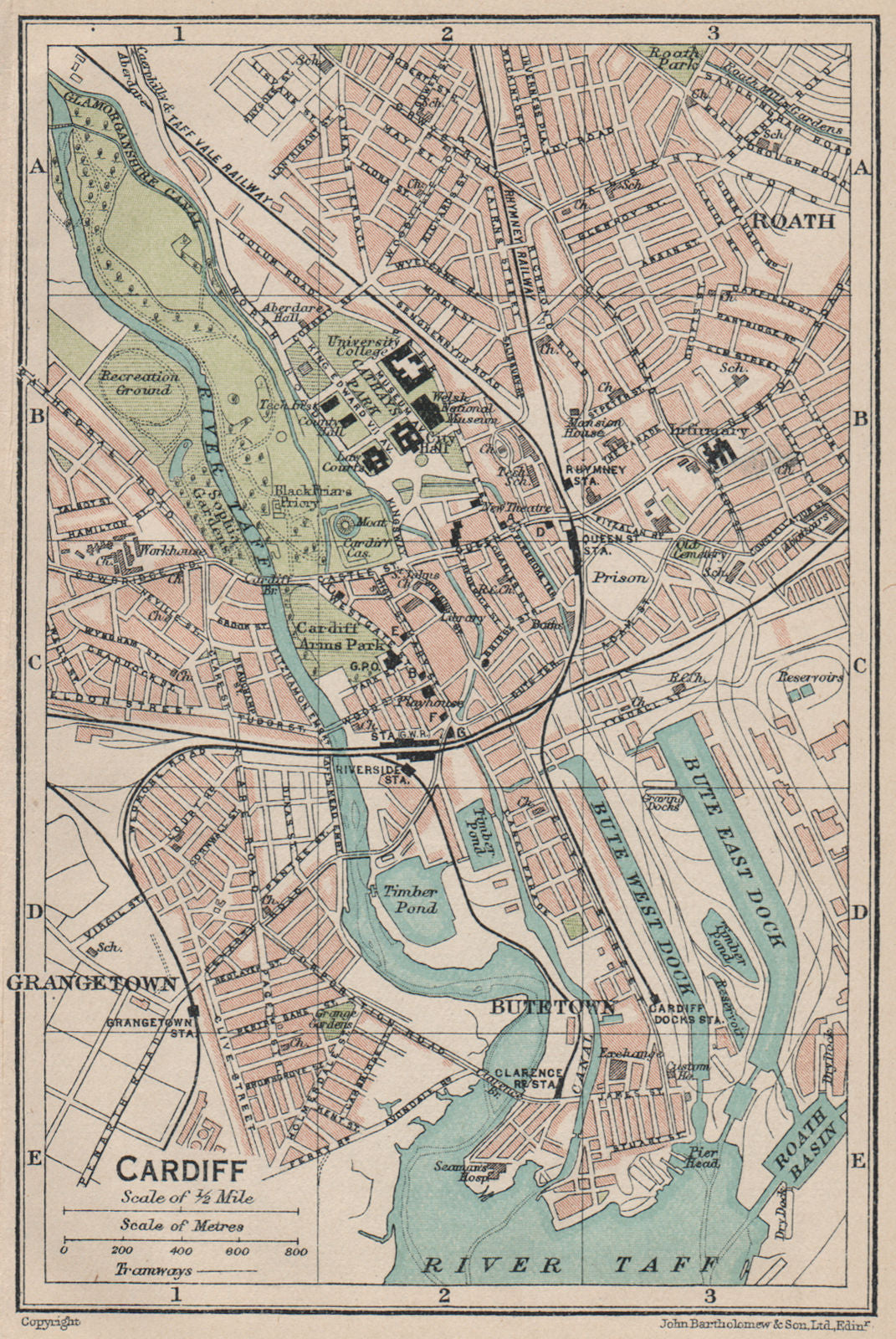 CARDIFF. Vintage town city map plan. Wales 1922 old antique chart ...