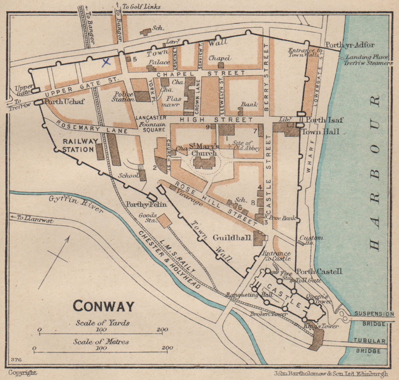 CONWY CONWAY. Vintage town city map plan. Wales 1936 old vintage chart ...