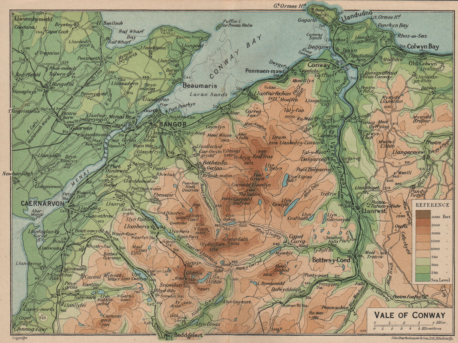 VALE OF CONWY CONWAY. Vintage map. Bangor Caernarvon Betws-y-Coed ...