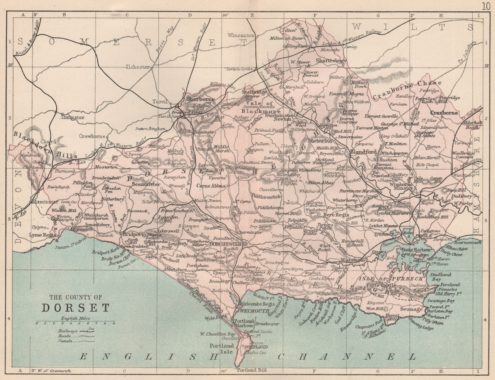 DORSET. Antique county map. Railways roads canals. PHILIP 1882 old ...