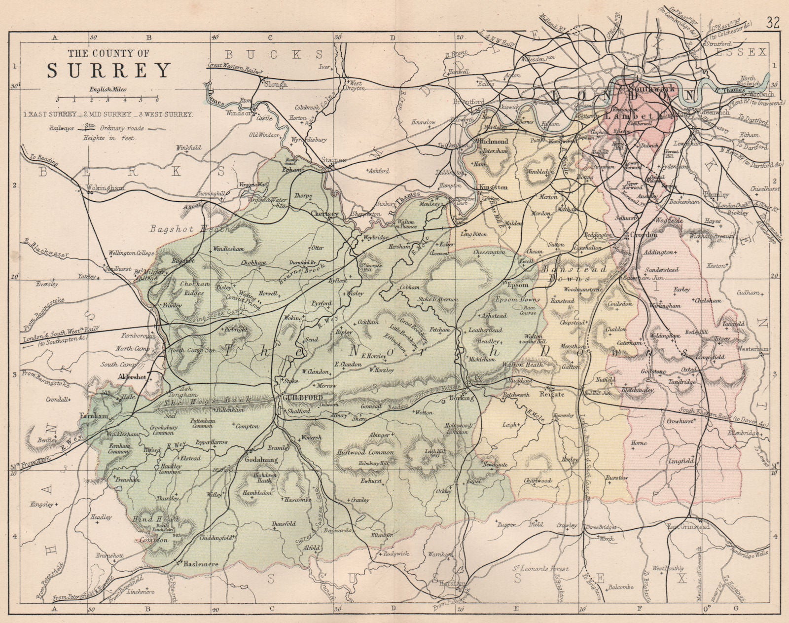 SURREY. Antique county map. Railways roads. Constituencies. London ...