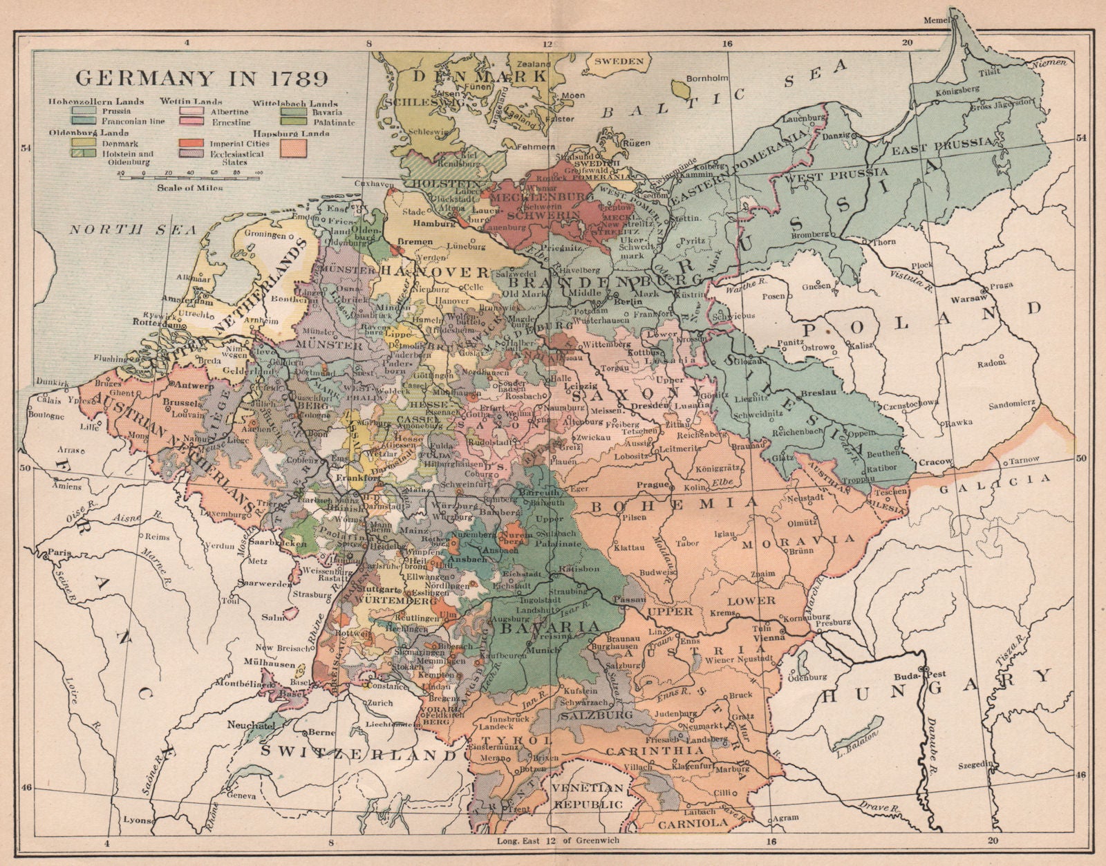 GERMANY IN 1789. Hohenzollern Oldenburg Wettin Hapsburg Wittelsbach ...
