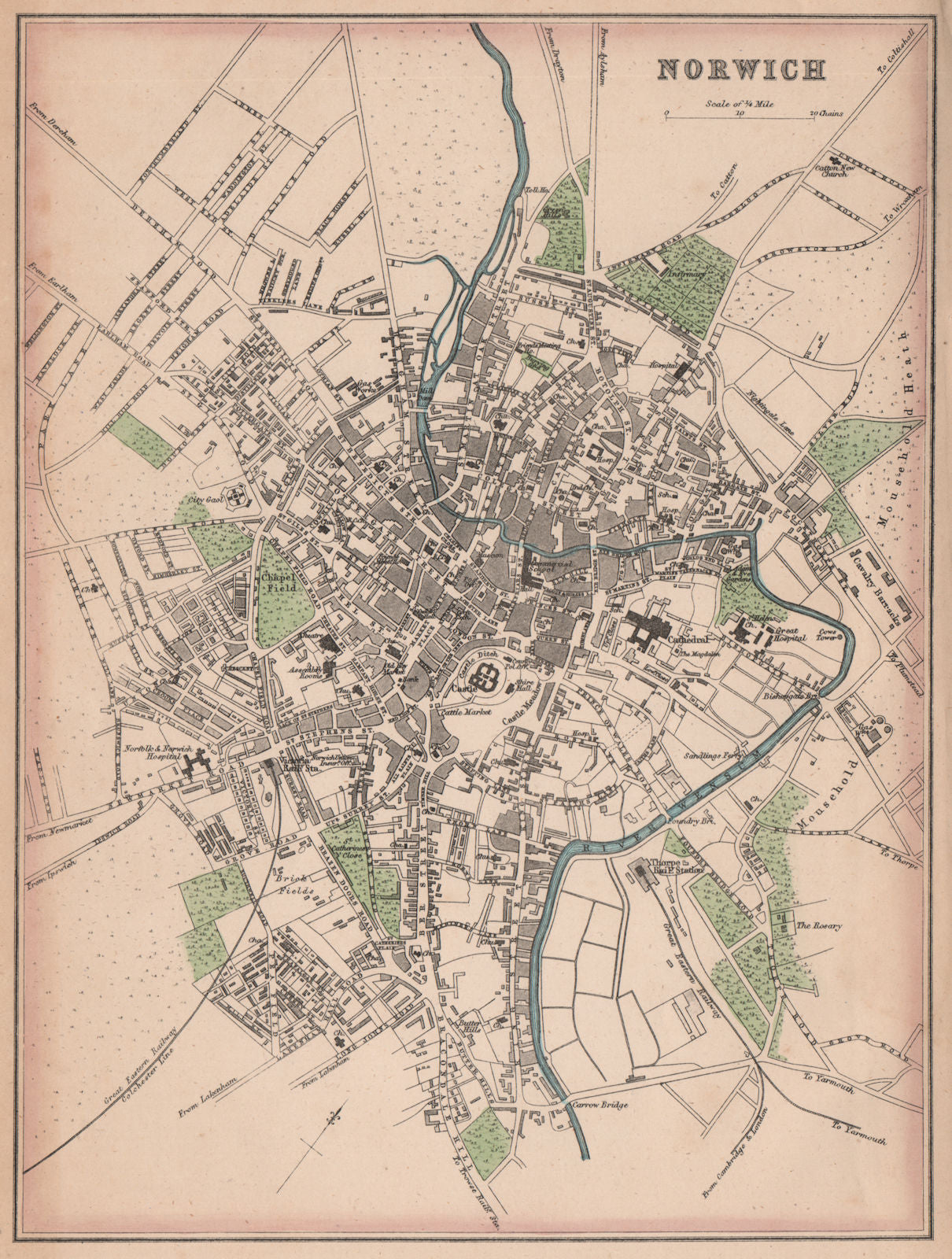NORWICH. Antique town city plan. Norfolk. BARTHOLOMEW 1865 old map ...