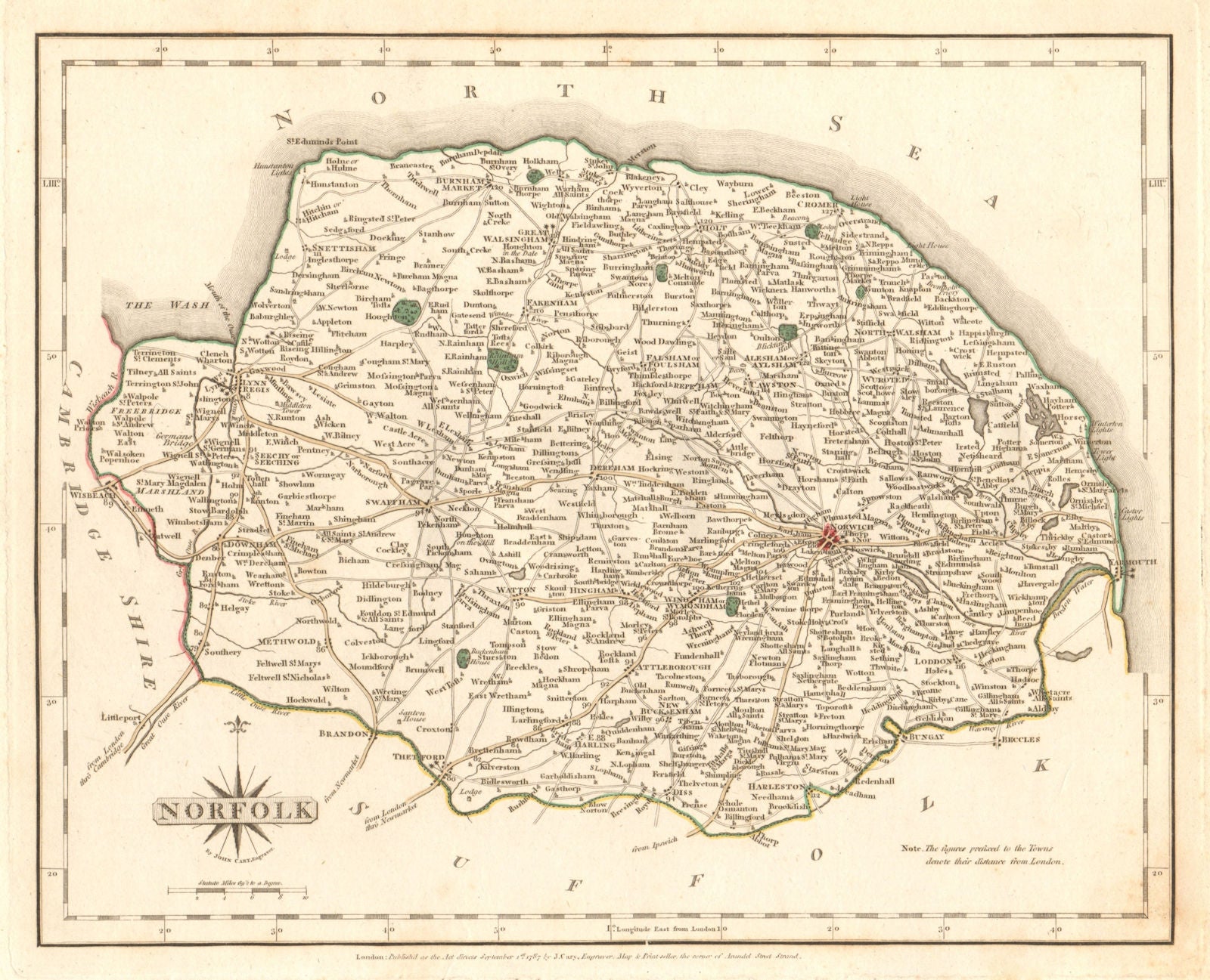 Antique county map of NORFOLK by JOHN CARY. Original outline colour ...