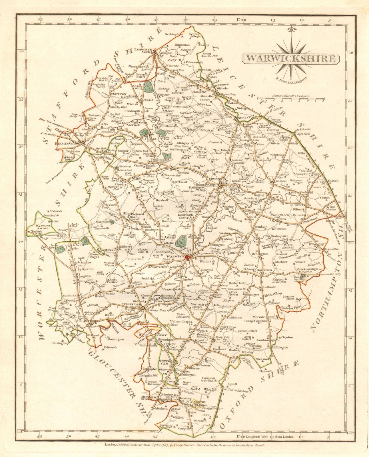 Antique county map of WARWICKSHIRE by JOHN CARY. Original outline ...