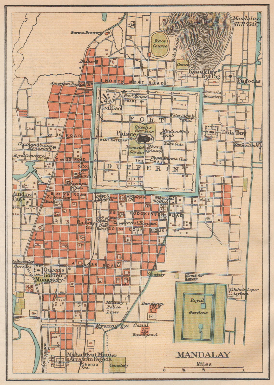 BRITISH BURMA. Mandalay city plan. Myanmar.Fort Dufferin Royal Gardens ...