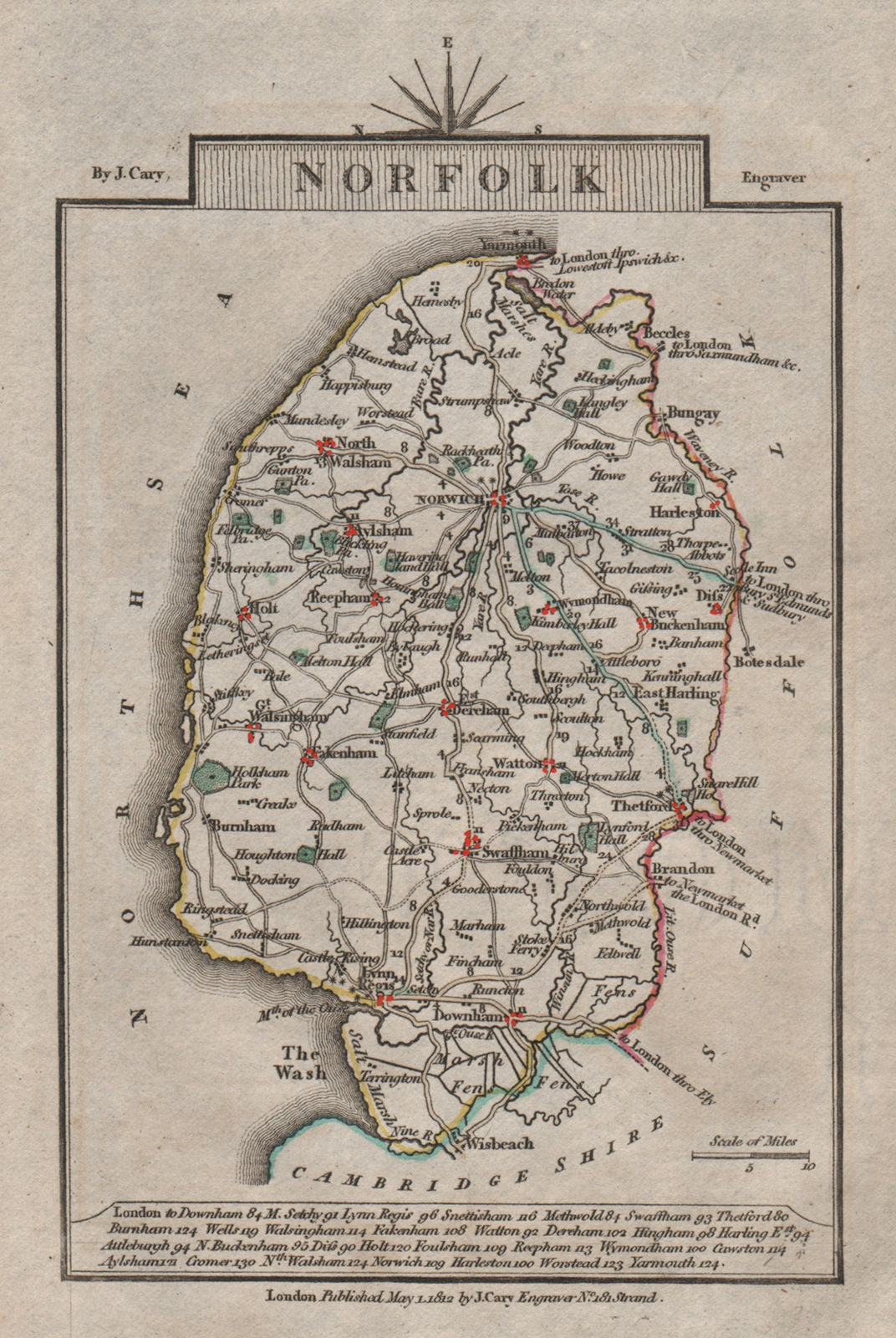 NORFOLK by John CARY. Miniature antique county map. Original colour ...
