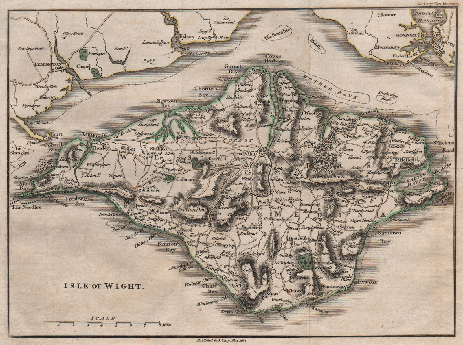 ISLE OF WIGHT by John CARY. Miniature antique map. Original colour 1812 ...