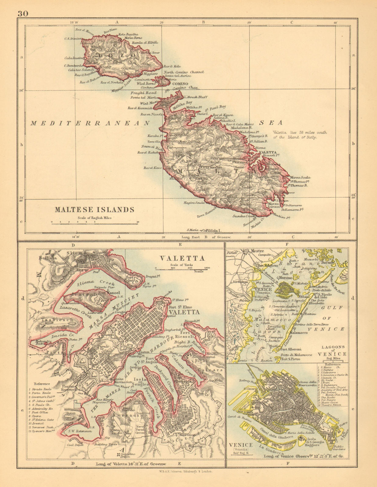 MALTESE ISLANDS. Malta Gozo. Valetta city town plan. +Venice.JOHNSTON ...