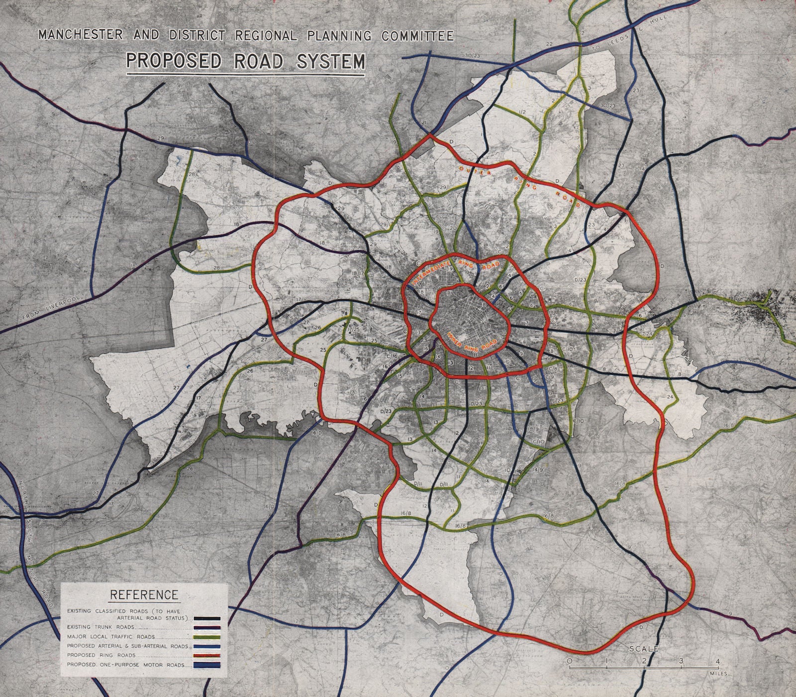 MANCHESTER PLAN 1945. Proposed Road System. Ring roads. Trunk roads ...