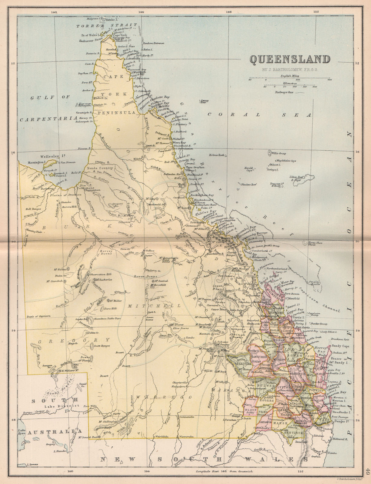 QUEENSLAND. State map shows 37 counties. Railways. Brisbane. Australia ...
