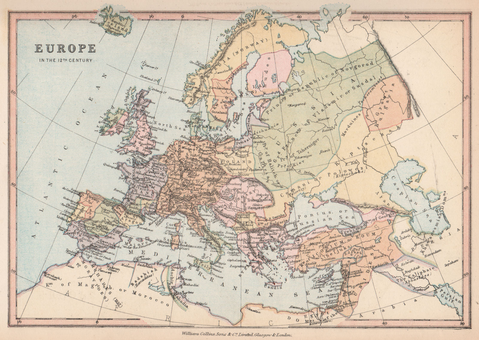 'Europe in the 12th Century'. BARTHOLOMEW 1878 old antique map plan ...