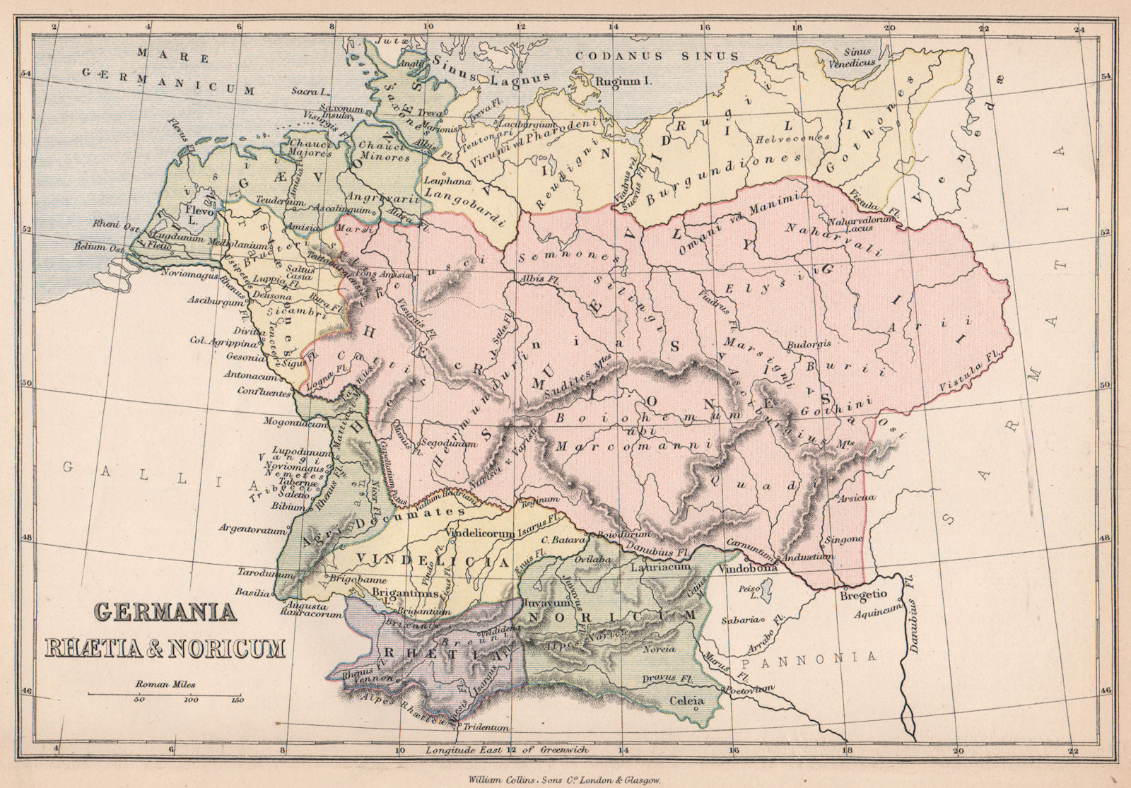ANCIENT GERMANY. 'Germania Rhaetia & Noricum'. Roman provinces 1878 old ...