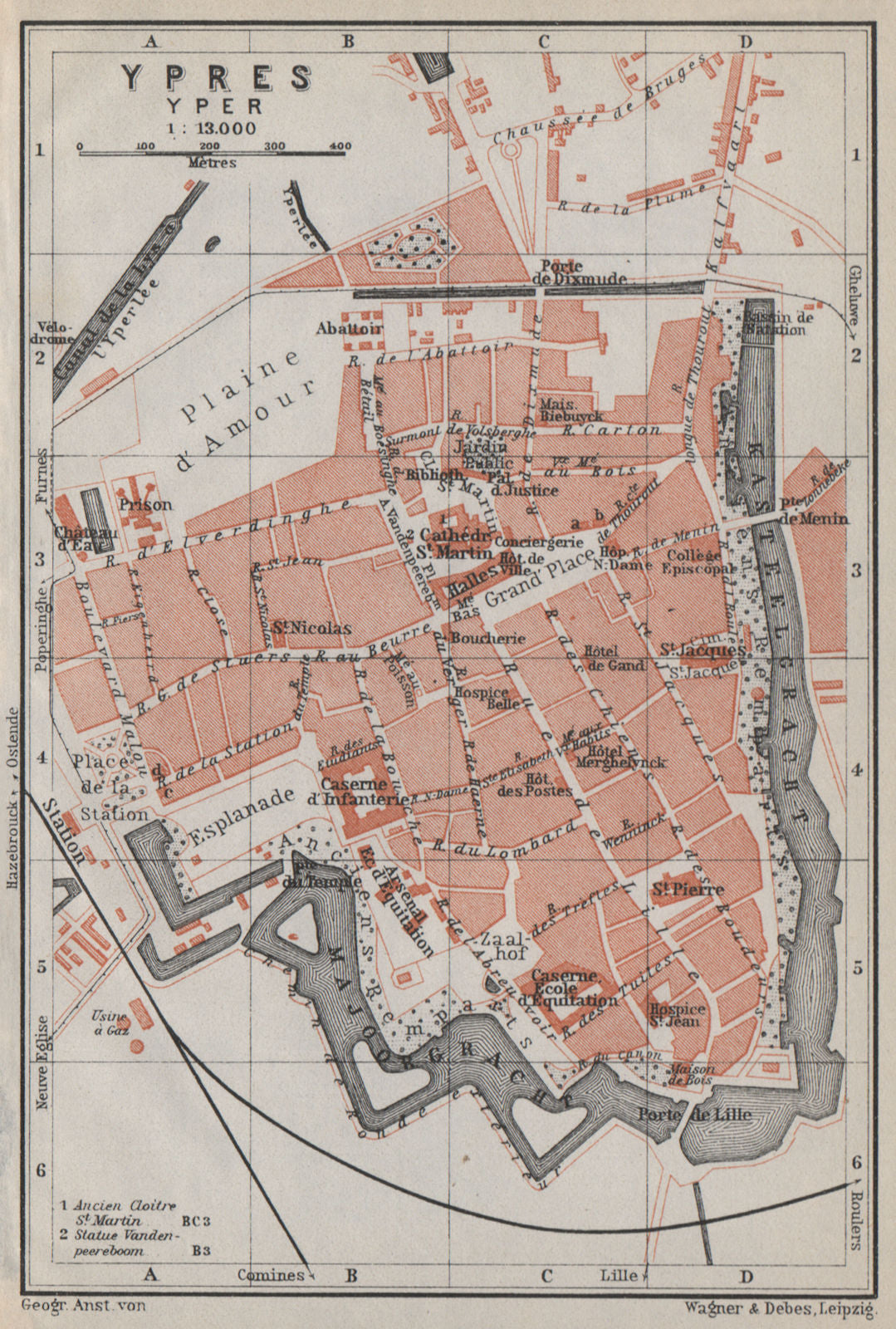 IEPER YPRES antique town city plan. Belgium carte. BAEDEKER 1910 old ...