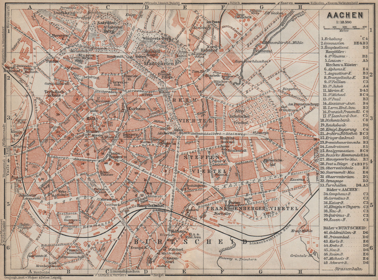 AACHEN town city stadtplan. Northrhine-Westfalia. Aix-la-Chapelle 1913 ...