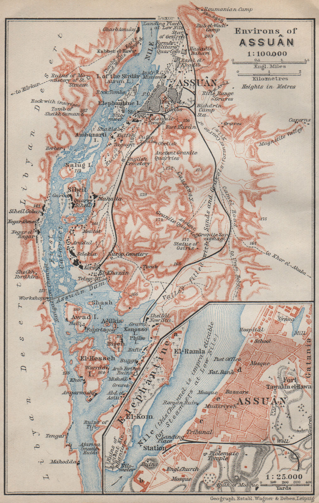 ASWAN ENVIRONS and antique town city plan. Assuan. Egypt. BAEDEKER 1914 ...