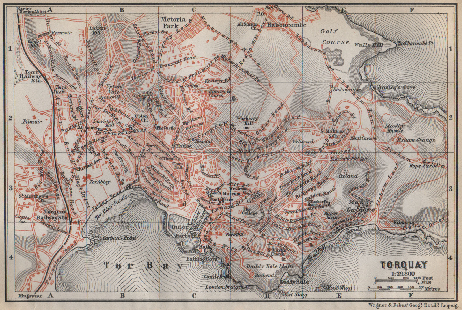 TORQUAY antique town city plan. Torbay Babbacombe. Devon. BAEDEKER 1910 ...