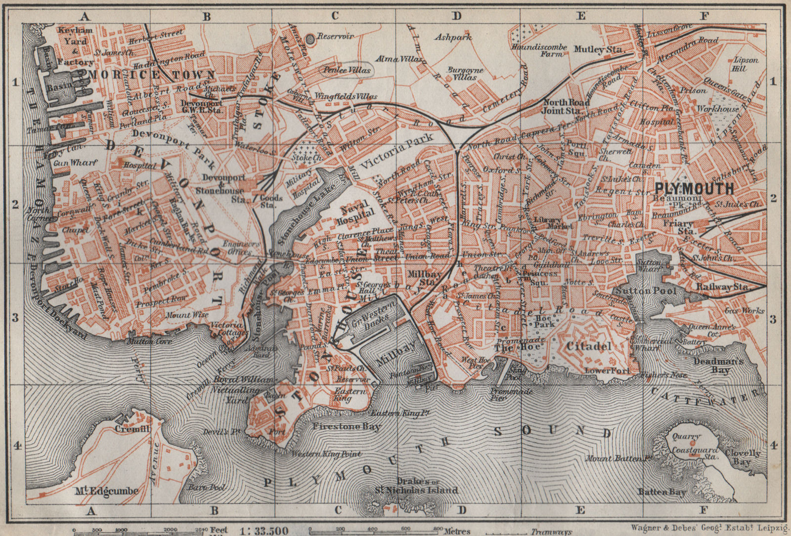 PLYMOUTH town city plan. Stonehouse Stoke Devonport Morice Town 1910 ...