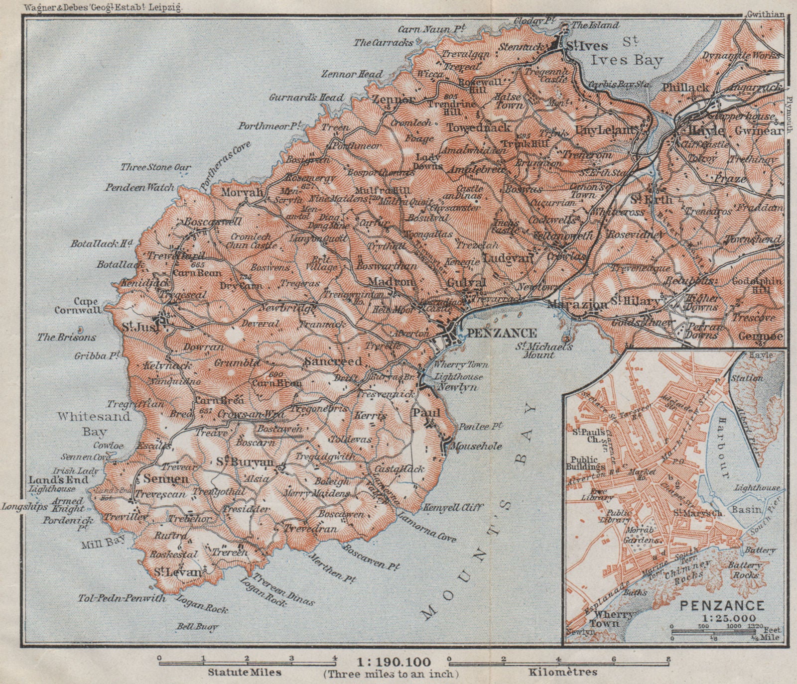 PENWITH PENINSULA & PENZANCE town plan. Land's End St Ives. Cornwall ...