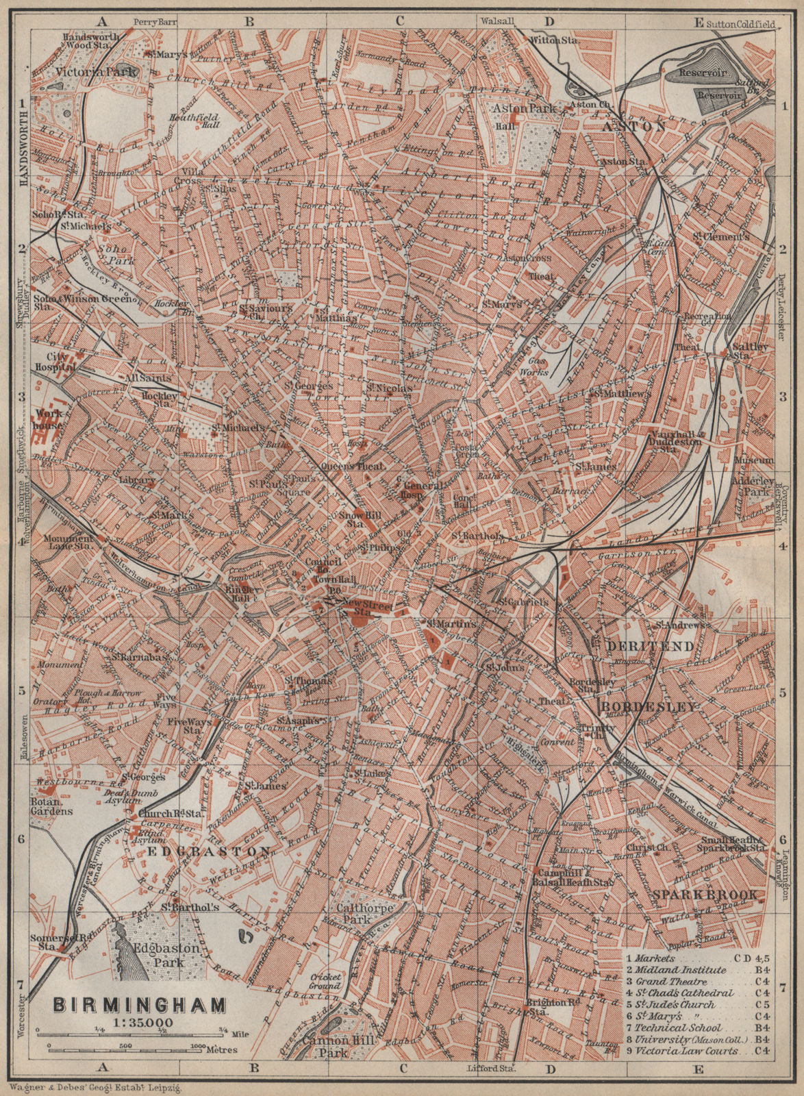 BIRMINGHAM town city plan. Edgbaston Aston Deritend Bordesley Saltley ...