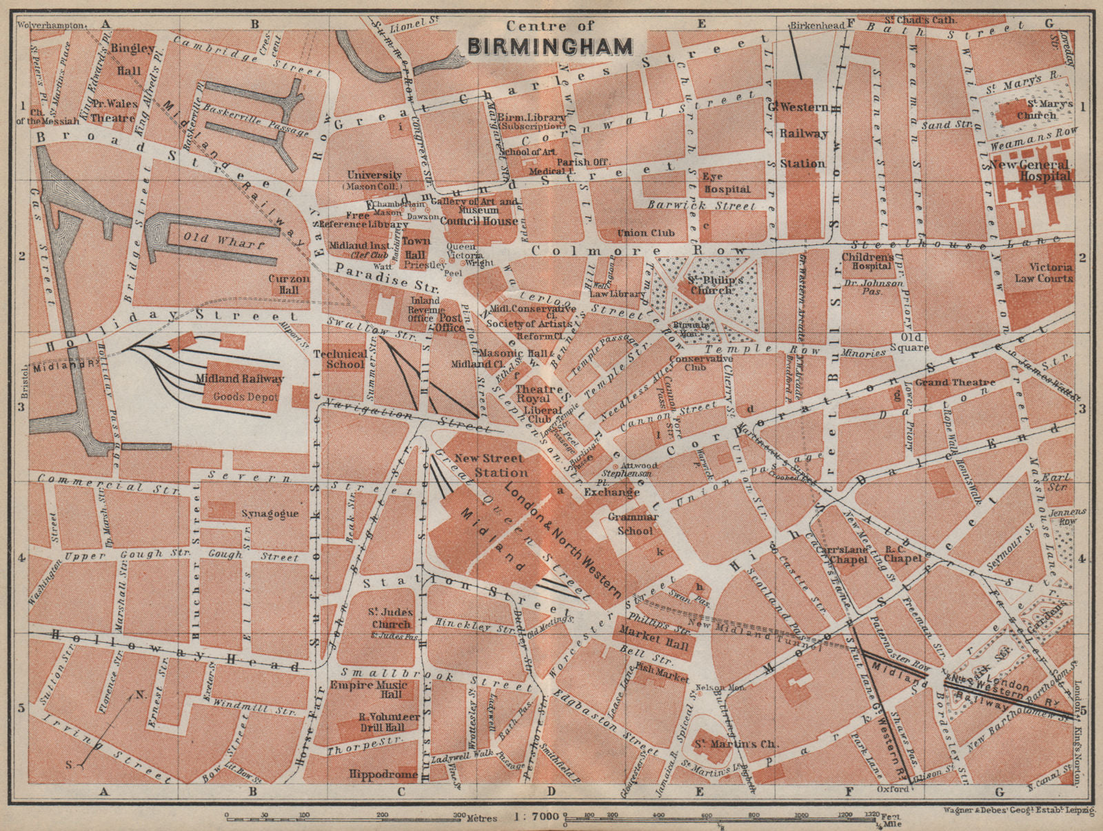 BIRMINGHAM CITY CENTRE antique town plan. BAEDEKER 1910 old map chart ...