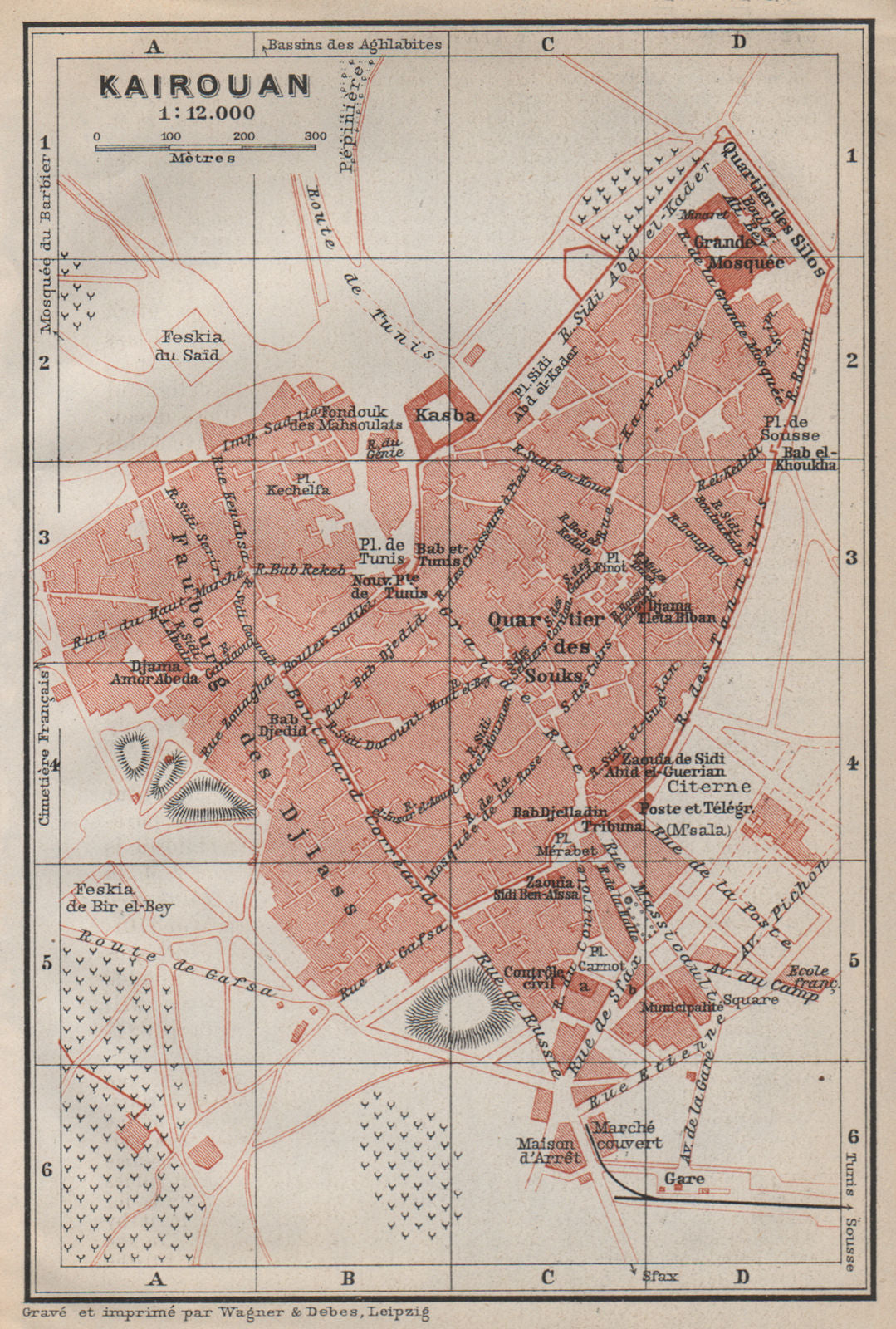 KAIROUAN (Kirwan / al-Qayrawan) antique town city plan. Tunisia carte ...