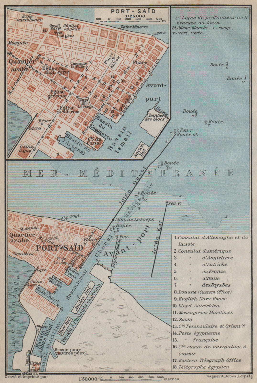 PORT SAID. PORT-SAÏD antique town city plan. Egypt. BAEDEKER 1911 old ...