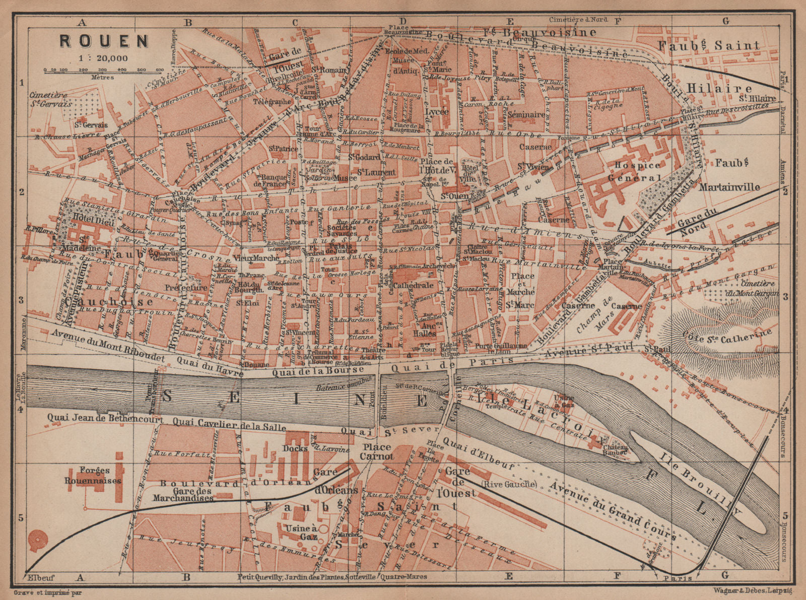 ROUEN antique town city plan de la ville. Seine-Maritime carte 1899 old ...