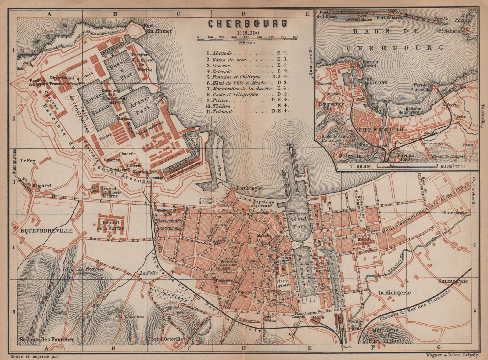 CHERBOURG town city plan de la ville. Manche. Rade de Cherbourg carte ...
