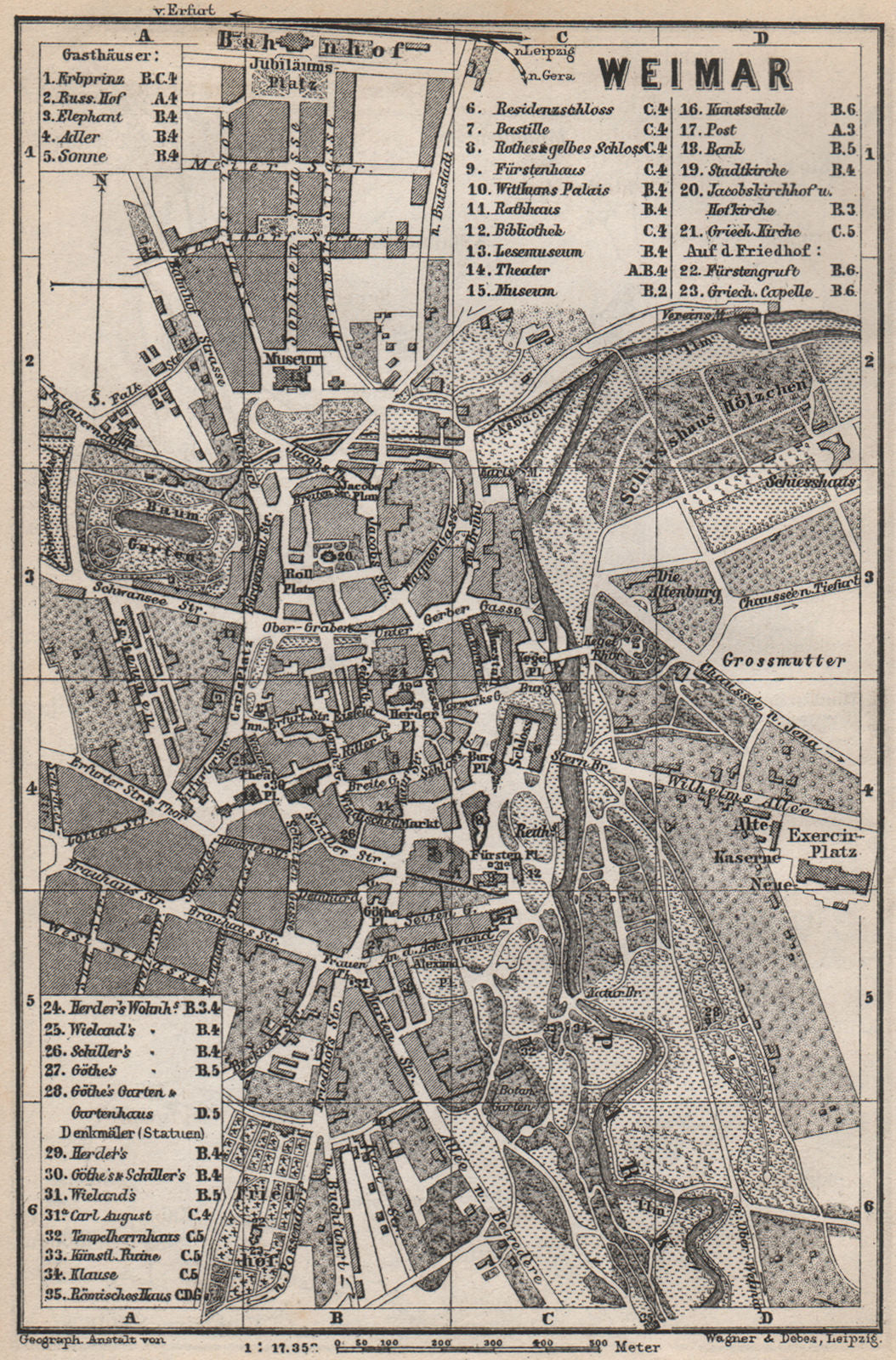WEIMAR antique town city stadtplan. Thuringia karte. BAEDEKER 1886 old ...