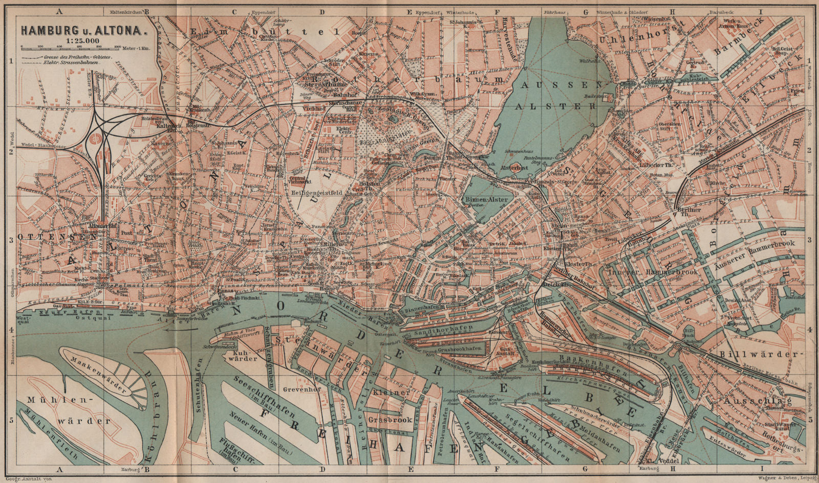 HAMBURG & ALTONA town city stadtplan St Pauli St Georg Freihafengebiet ...