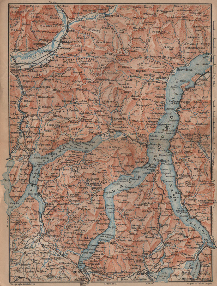 LAKES OF/Lago di COMO, LUGANO & LECCO. Bellinzona mappa. BAEDEKER 1899 ...
