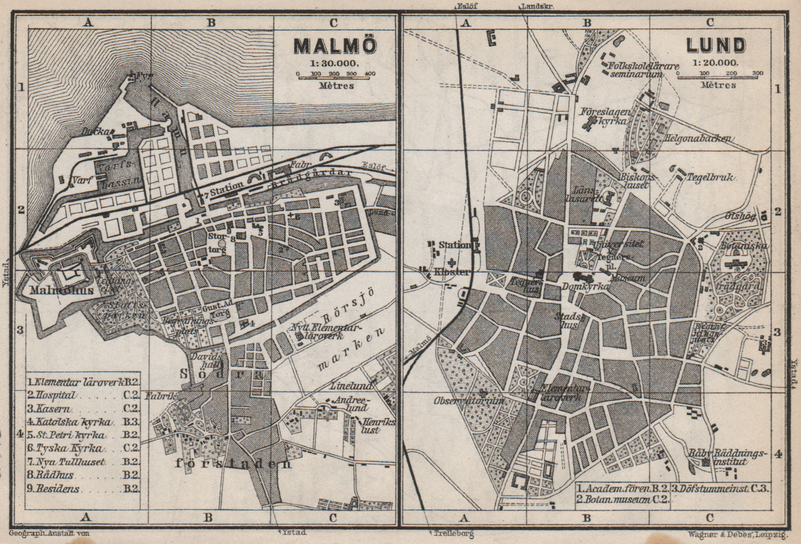 MALMO & LUND Malmö antique town city stadsplans. Sweden karta 1885 old ...