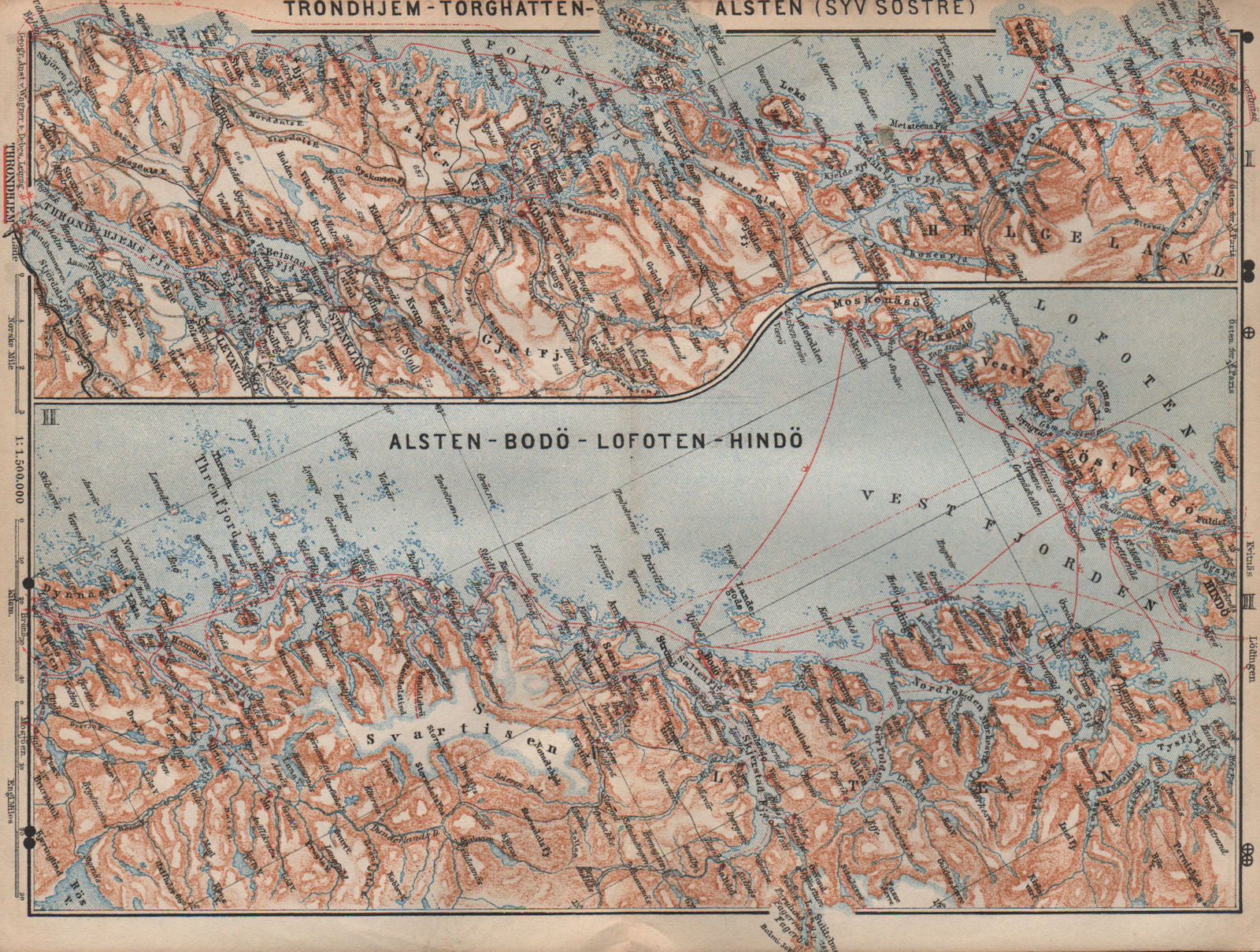 NORWAY NORTH WEST COAST. Trondheim-Torghatten-Bodo-Lofoten kart 1899 ...