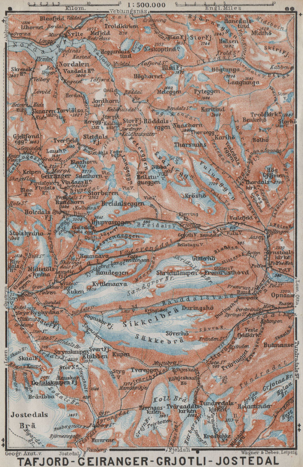 Geiranger Polfos Tafjord Jostedal Grotli Topo-map. Norway kart 1909 old ...
