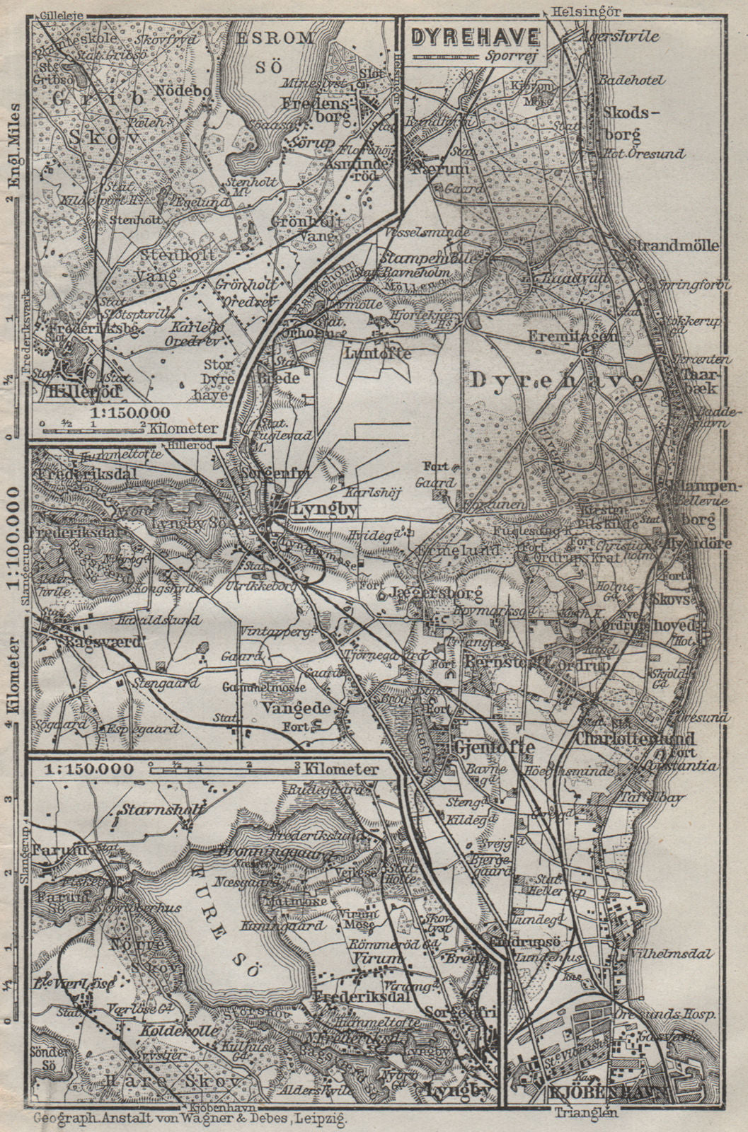 COPENHAGEN NORTHERN ENVIRONS. København Lyngby Gentofte Hillerod kort ...