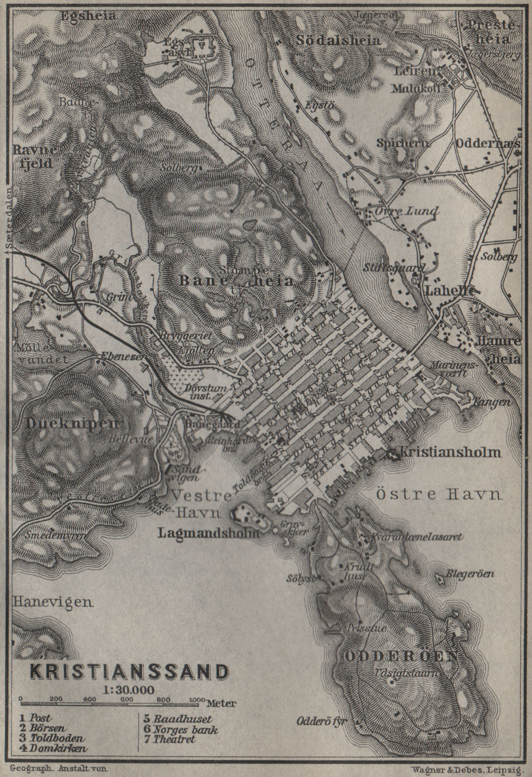 KRISTIANSAND antique town city byplan. Norway kart. BAEDEKER 1912 old ...