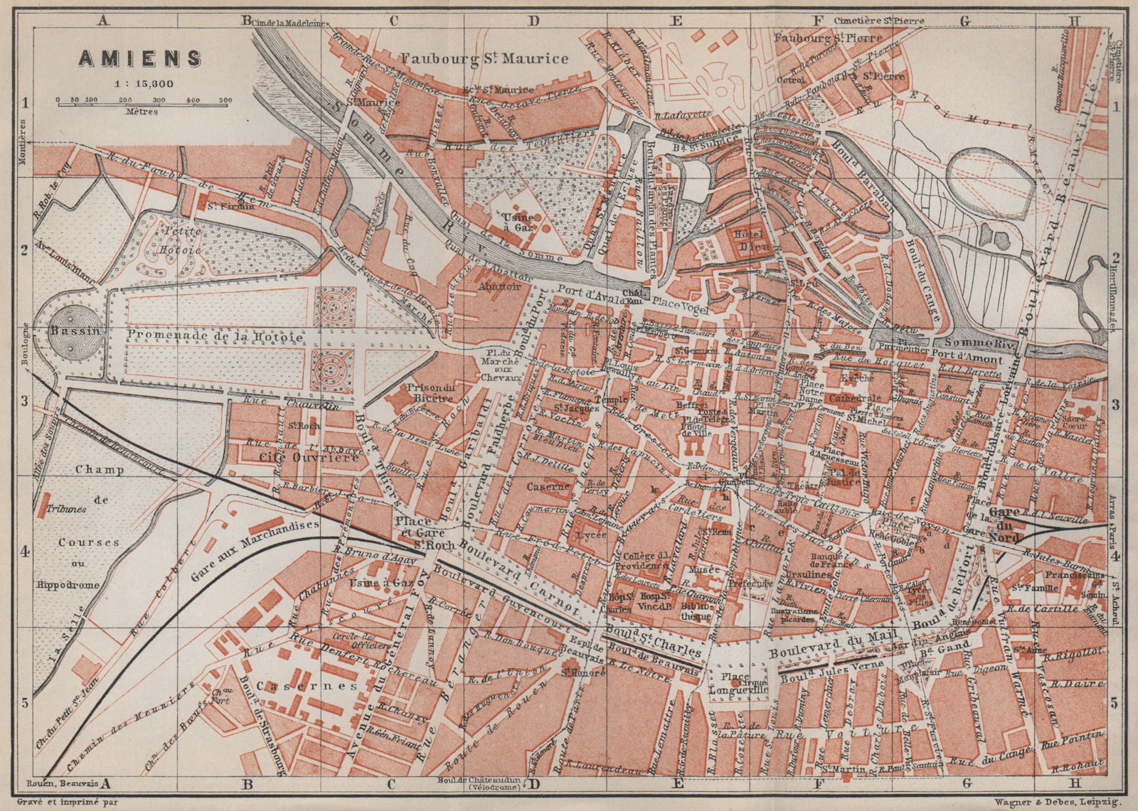 AMIENS antique town city plan de la ville. Somme carte. BAEDEKER 1910 ...